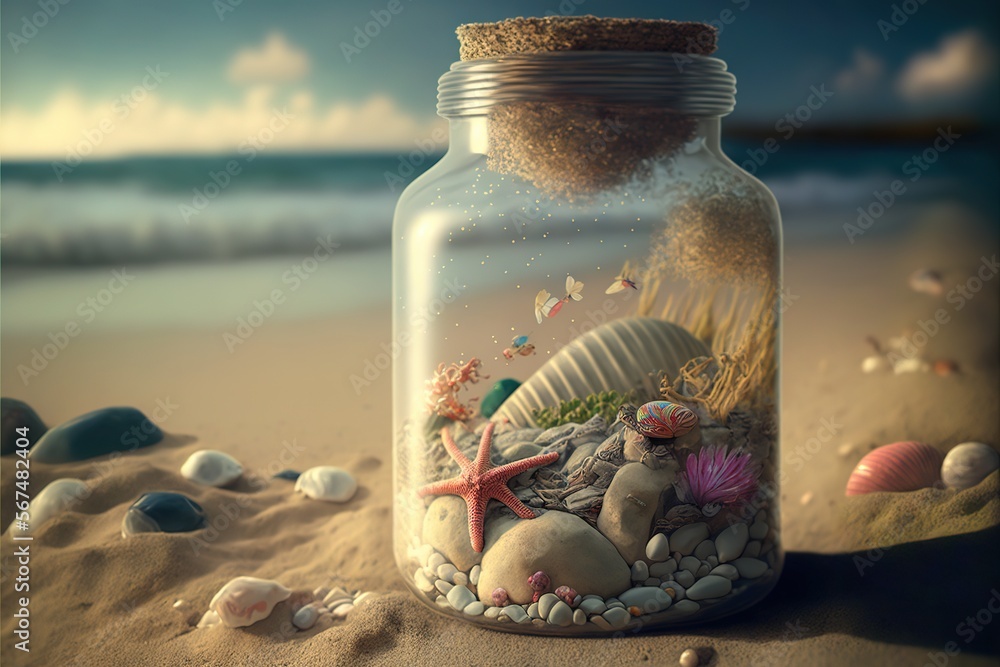 a glass jar filled with sand and shells on a beach with a starfish and ...