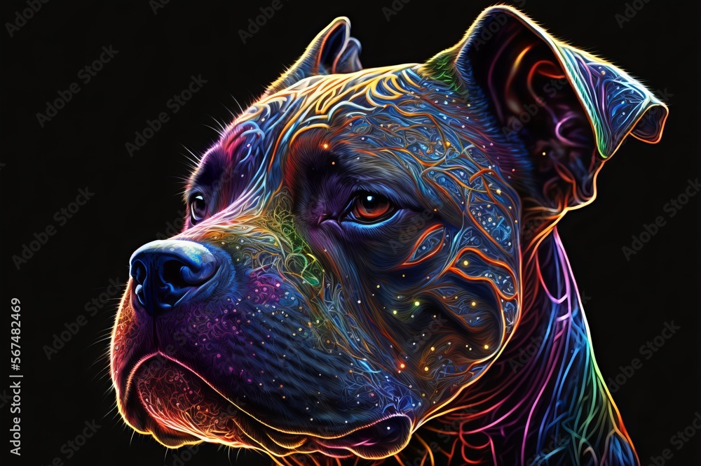 Portrait of staffordshire bull terrier with neon rainbow colors. Dog ...