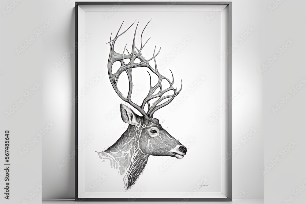 Line art portrait painting sketch of a Deer Stock Illustration | Adobe ...