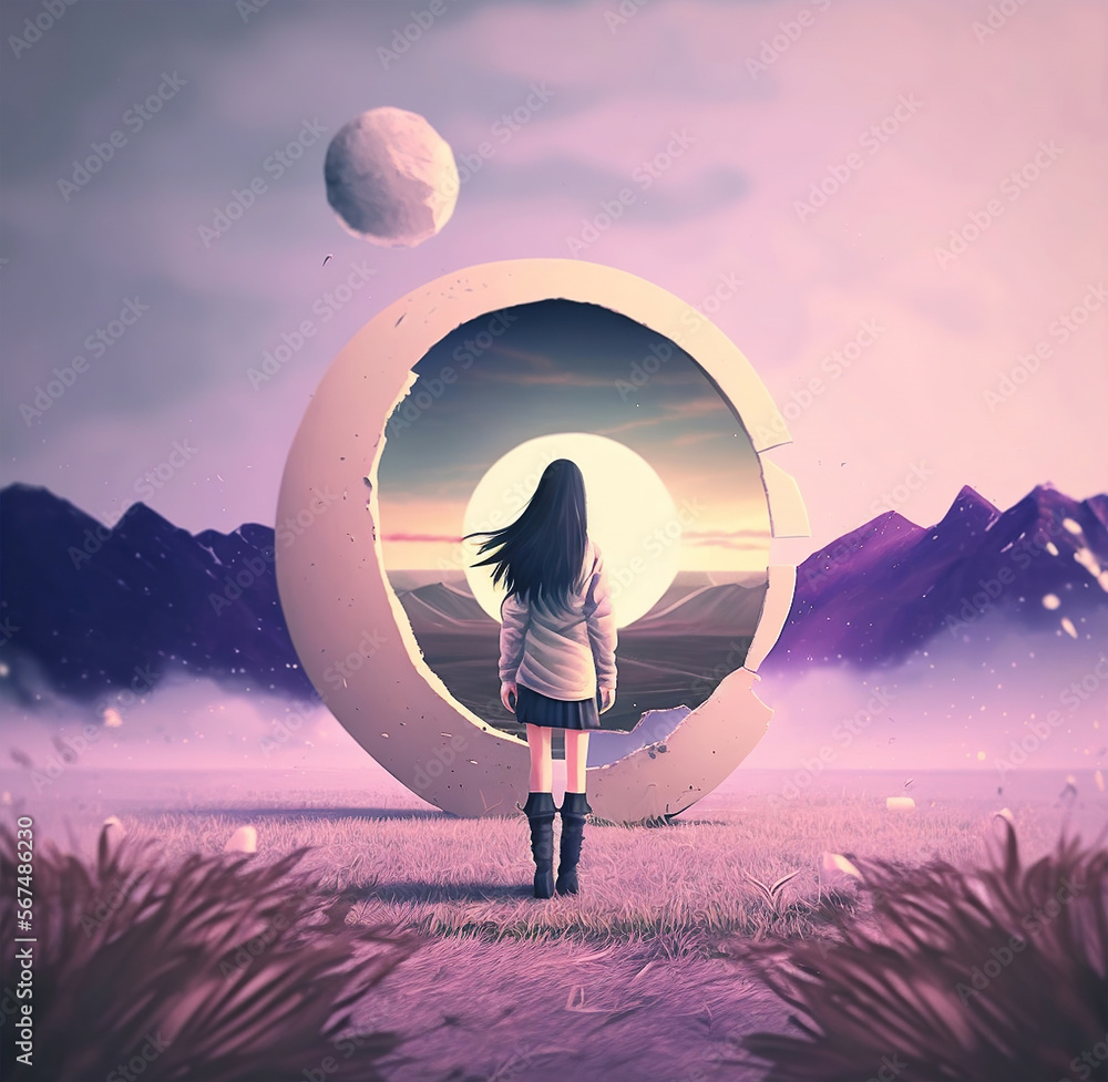 alone anime girl walking alone in fantasy land Stock Illustration ...