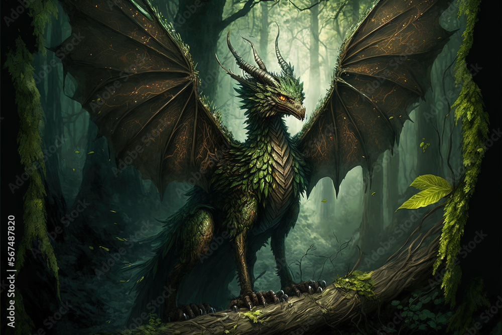 Forest dragon on a green background, fantasy, incredible creation ...