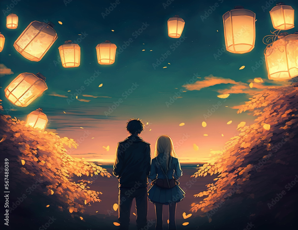 anime couple watching lanterns at night sky Stock Illustration | Adobe ...