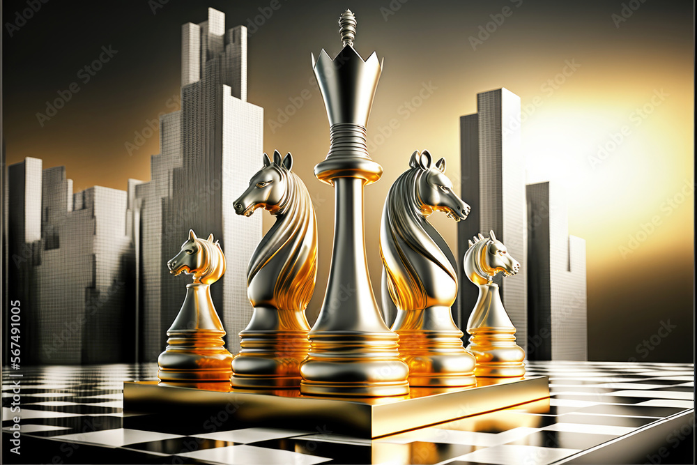 Gold Chess pieces on chess board with city background. Business ...