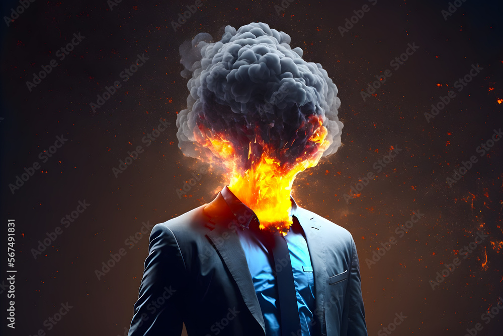 Man in a business suit with a blown head. The concept of mental ...