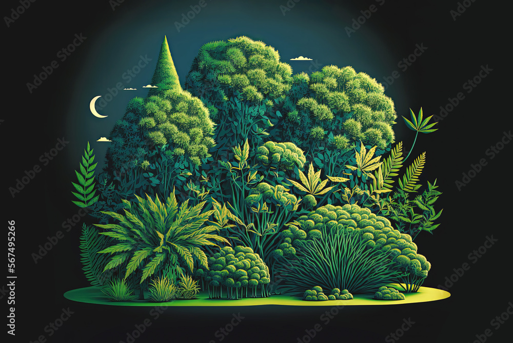 Cannabis bushes cartoon illustration. Marijuana background. Generative ...