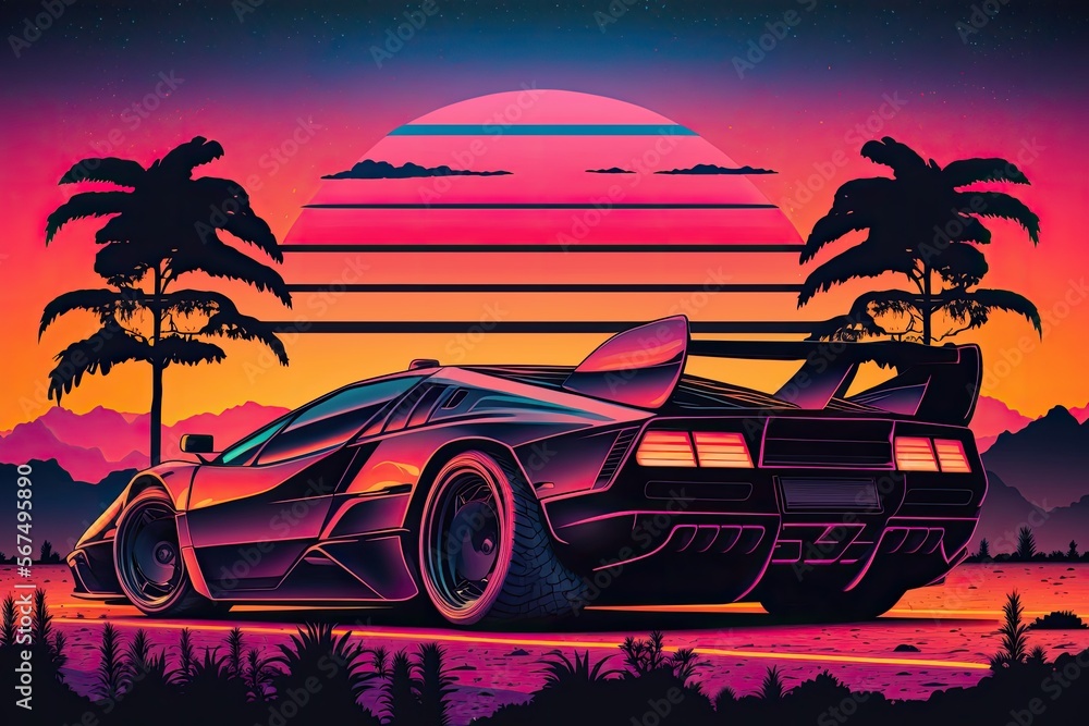 80's concept retro futuristic back side view 80s supercar on trendy ...