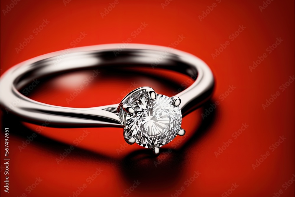 a close up of a diamond ring on a red surface with a reflection of the ...