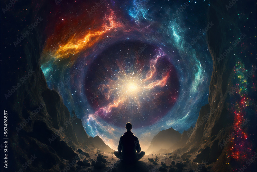 Meditation transcending human existence. Surreal illustration. Created ...