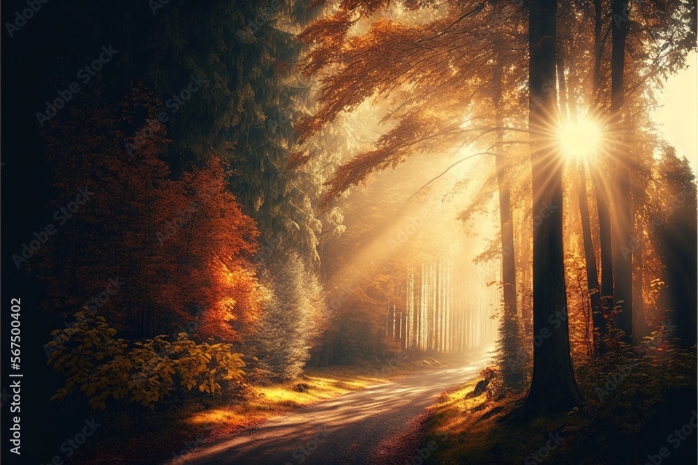 a painting of a road in a forest with the sun shining through the trees ...