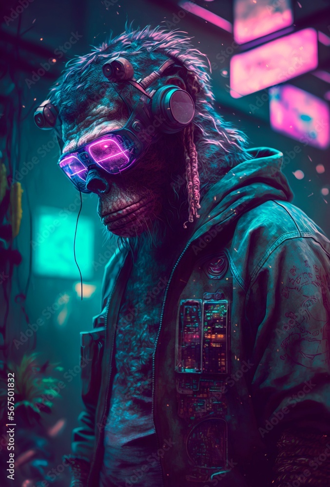 Humanoid chimpanzee in futuristic clothing on a blurred cyberpunk city ...