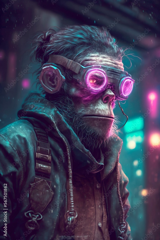 Humanoid chimpanzee in futuristic clothing on a blurred cyberpunk city ...