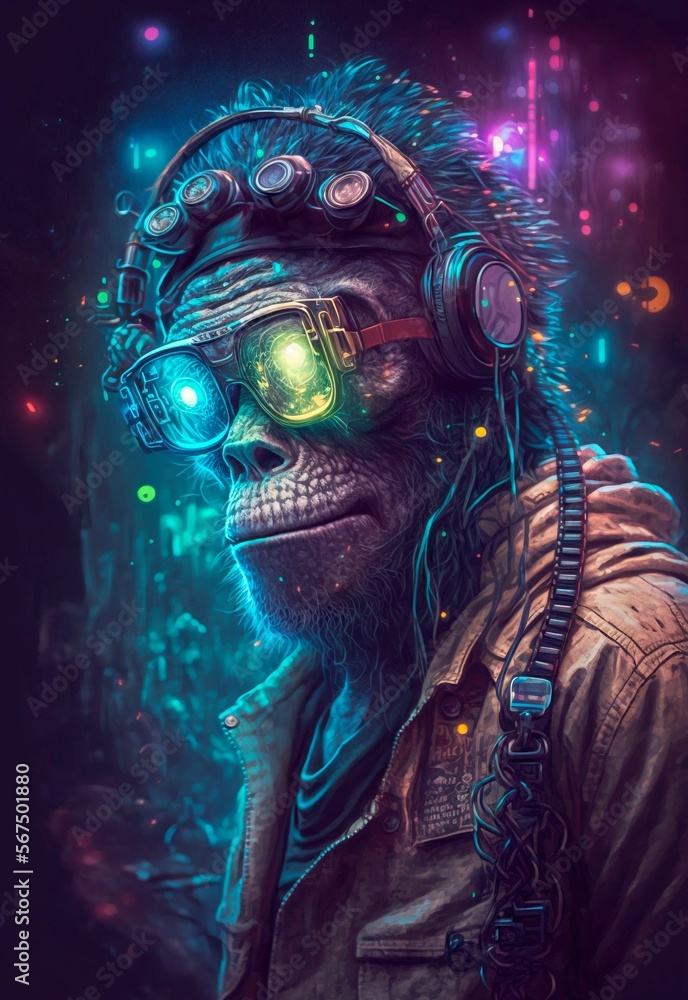 Humanoid chimpanzee in futuristic clothing on a blurred cyberpunk city ...