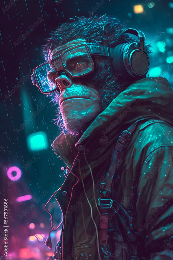 Humanoid chimpanzee in futuristic clothing on a blurred cyberpunk city ...