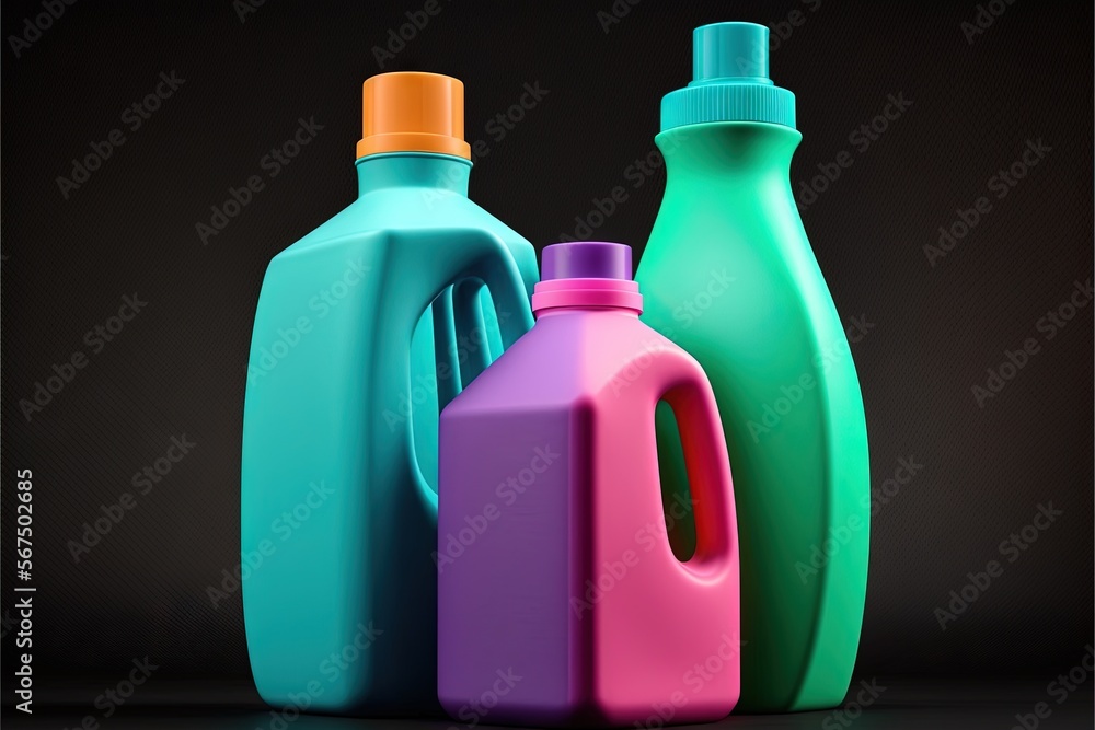 a group of three different colored plastic jugs and bottles on a black ...