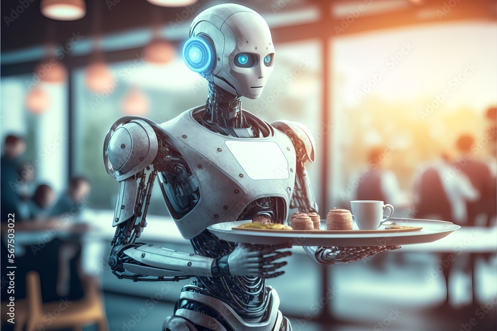 A robot as a waiter in a restaurant serving an order. A futuristic ...