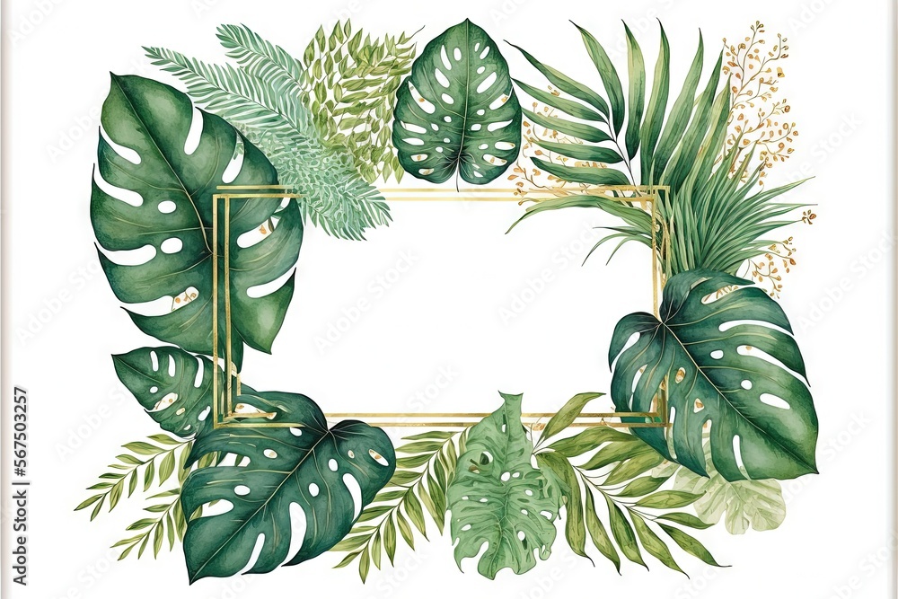 a square frame with tropical leaves and greenery on a white background ...
