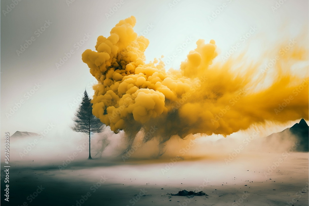 Paisaje natural con humo color amarillo, montañas, árboles y cielo ...