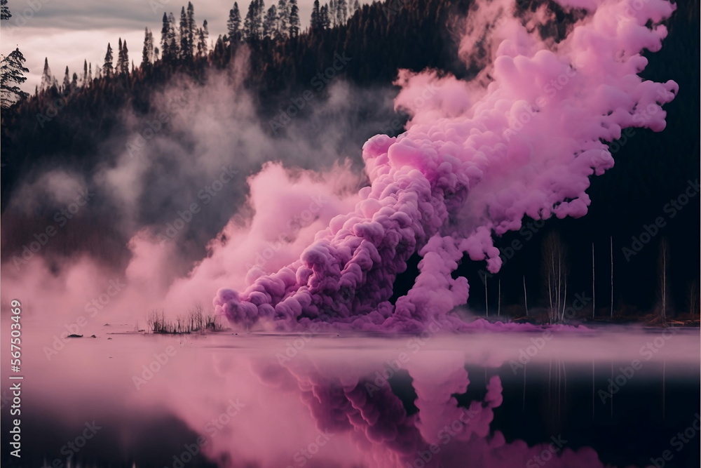 Paisaje natural con humo color rosa, montañas, árboles y cielo creado ...