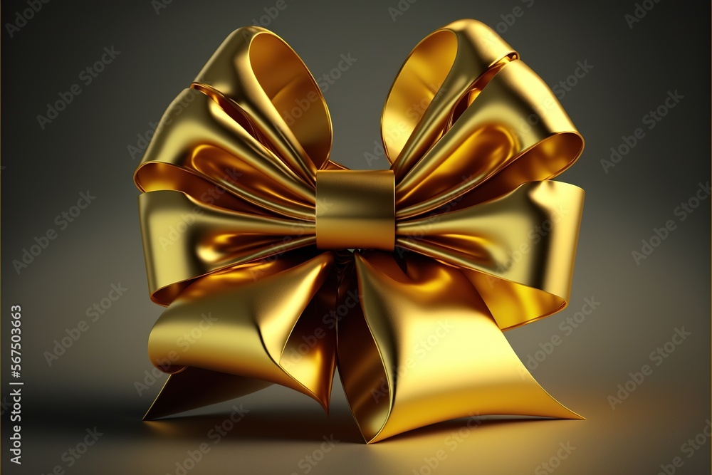 a golden bow on a black background with a shadow on the ground and a ...