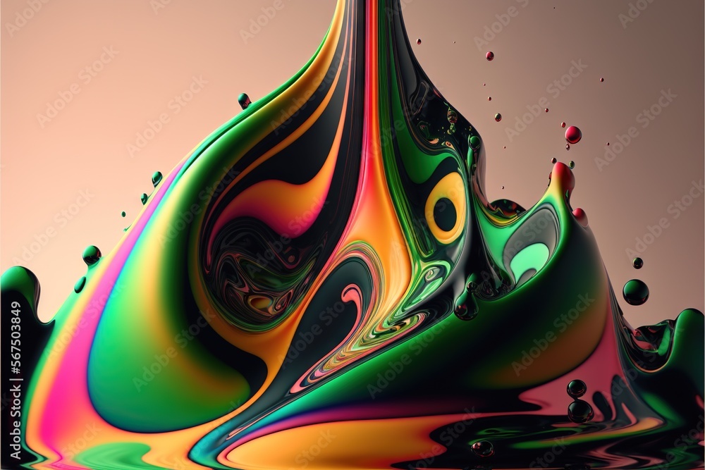 a colorful liquid painting with a pink background and a green and ...