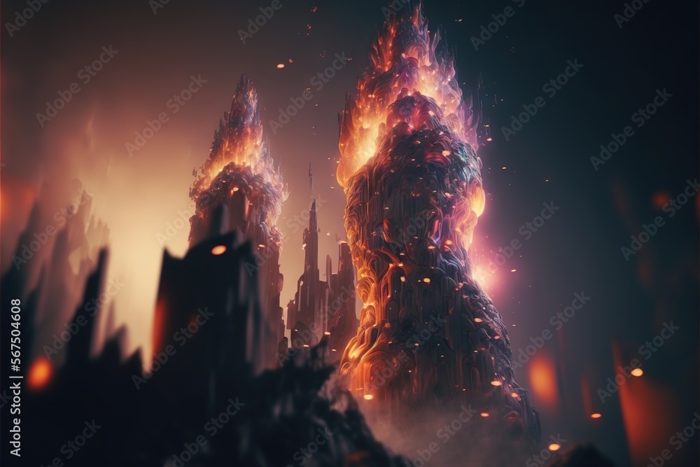 a futuristic city with a massive fire and flames on the top of it's ...