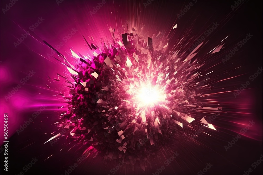 a purple and pink explosion of light and shapes on a black background ...