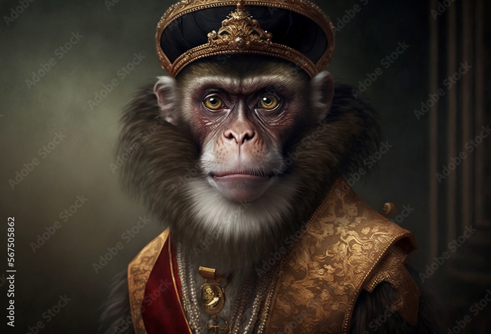 Monkey Dressing as a King, Portrait, Studio Light, Dark Background ...