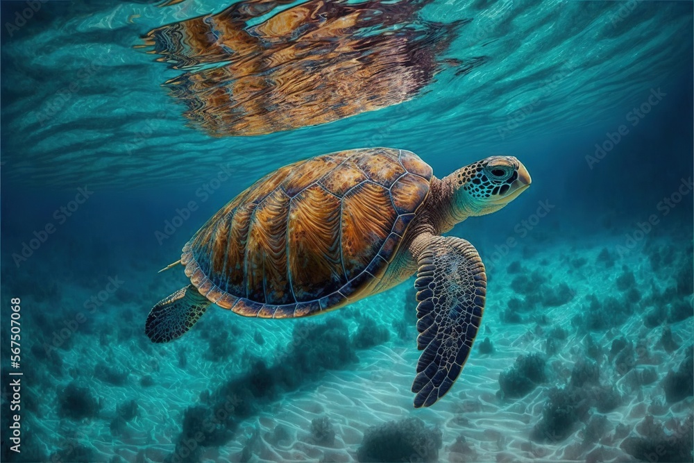a painting of a sea turtle swimming in the ocean with bubbles of water ...