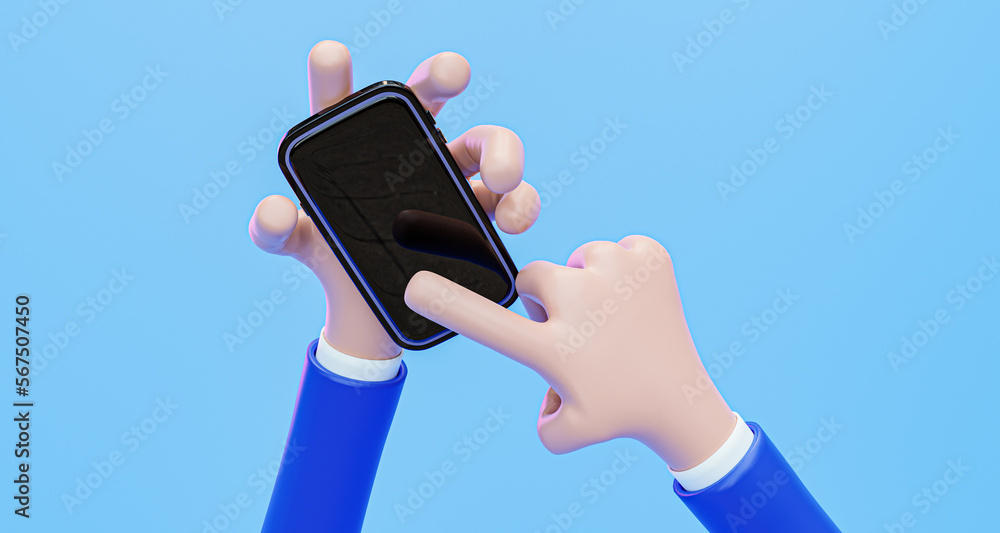 Cartoon hand holding and touching phone mockup template. cartoon hands ...