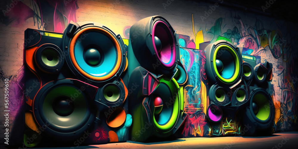 neon style graffiti wall of futuristic speakers, generative ai Stock Illustration | Adobe Stock