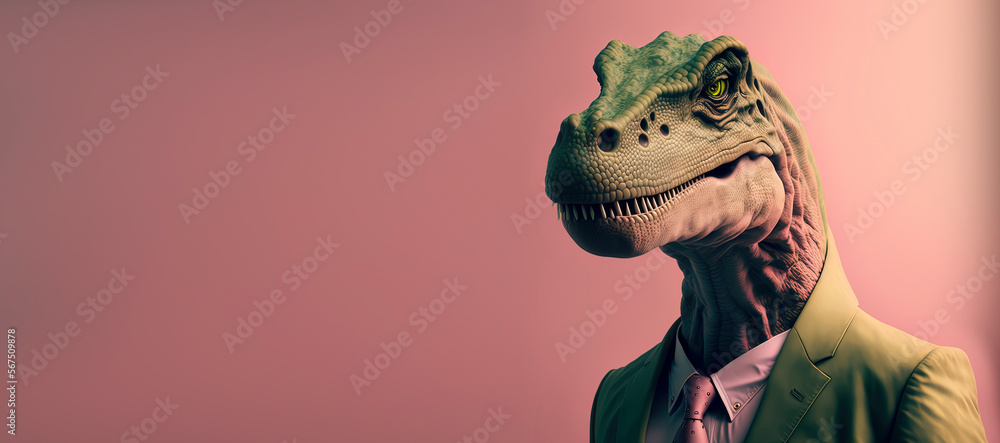 T-rex dressed in a formal business suit with a pastel background ...