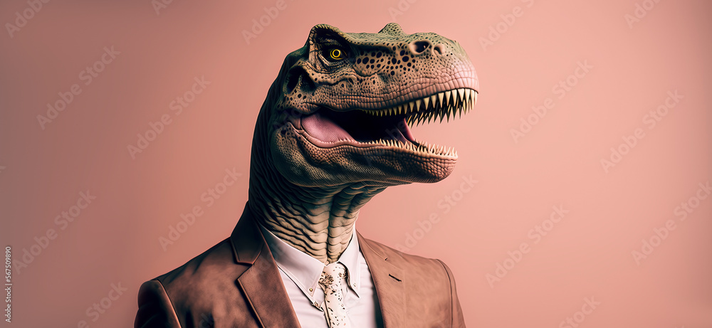 T-rex dressed in a formal business suit with a pastel background ...