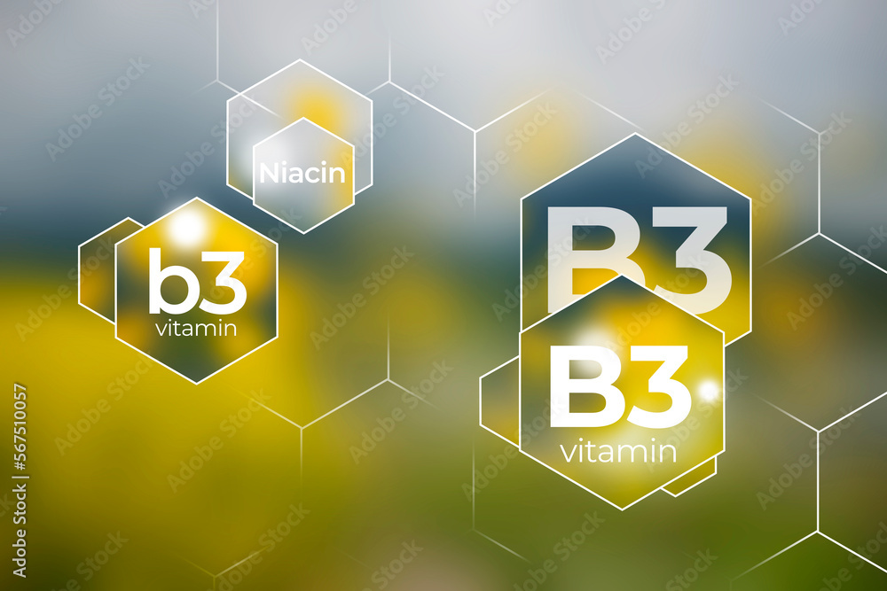 Molecular model of vitamin B3, Niacin. Hexagons with Vitamin B3 name ...