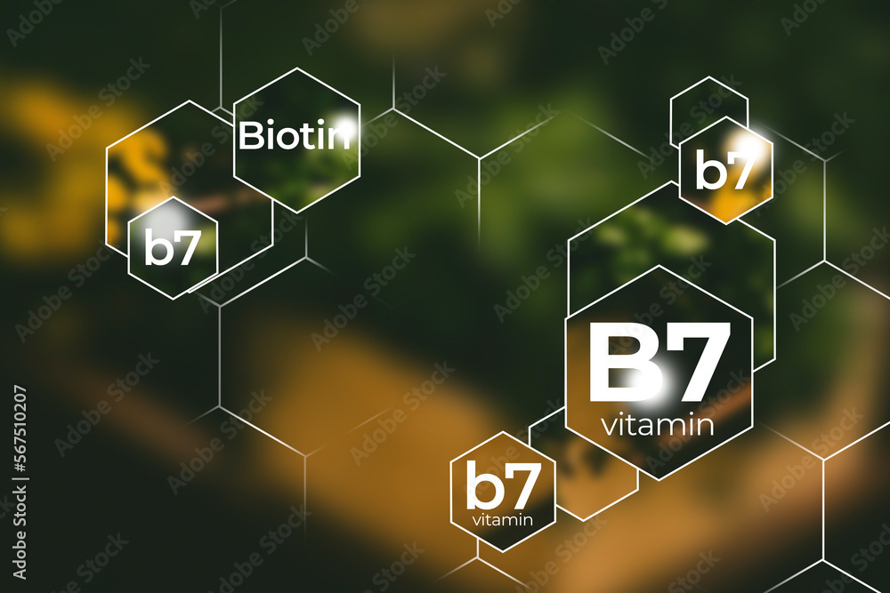 Molecular model of vitamin B7. Hexagons with Vitamin B7 name, blurry ...