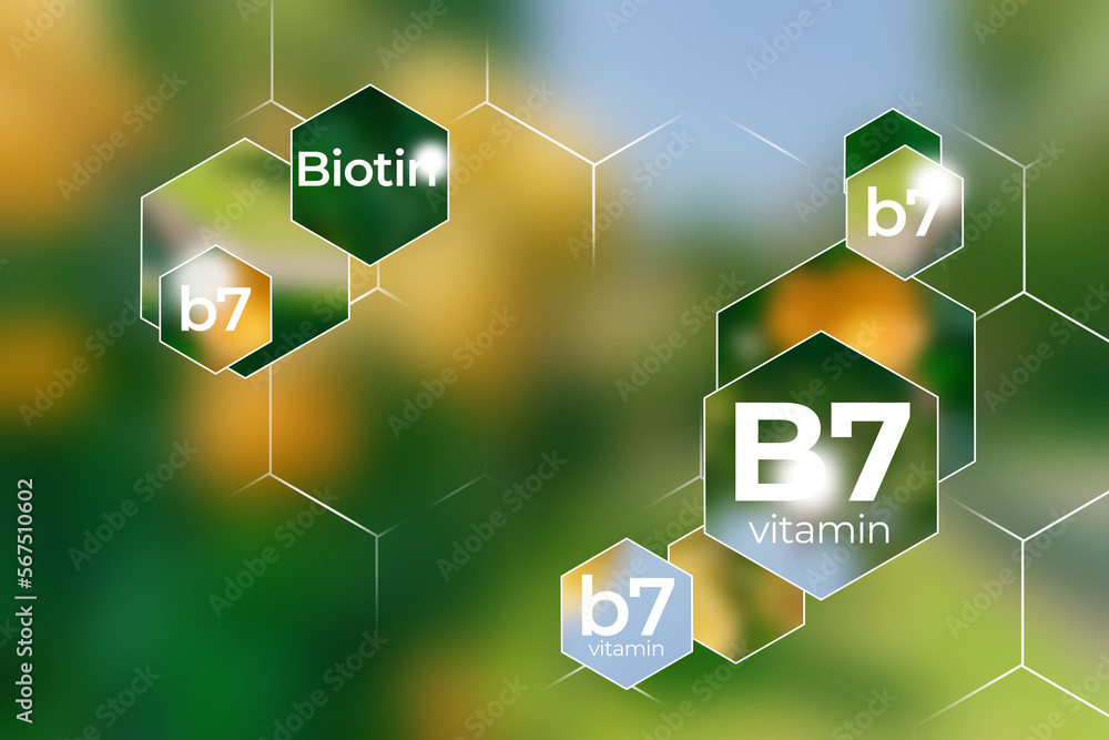 Molecular model of vitamin B7. Hexagons with Vitamin B7 name, blurry ...