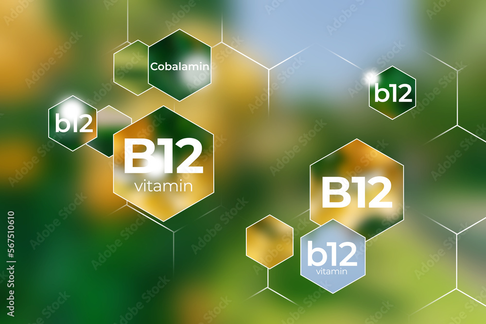 Molecular model of vitamin B12. Hexagons with Vitamin B12 name, blurry ...