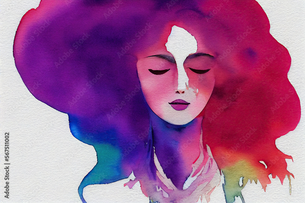 abstract texture illustration with watercolor woman portrait and hair ...