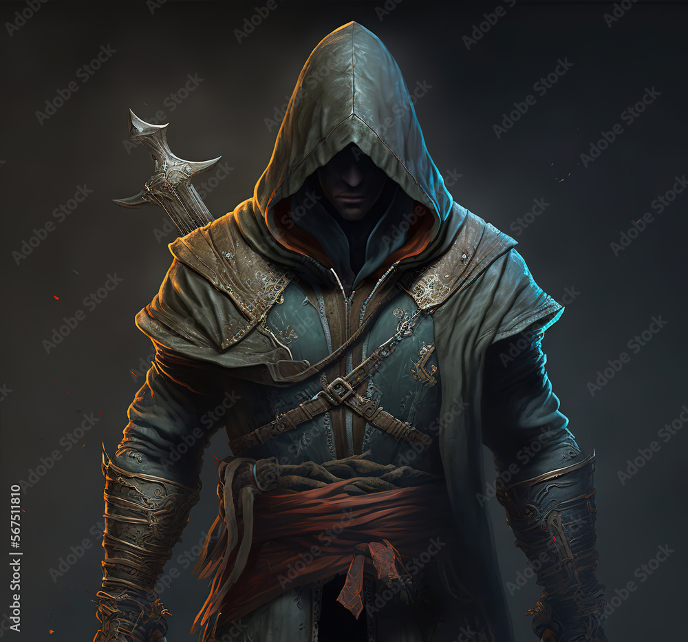 assassin in a hoodie with a dagger, full body, RPG game character, dark ...