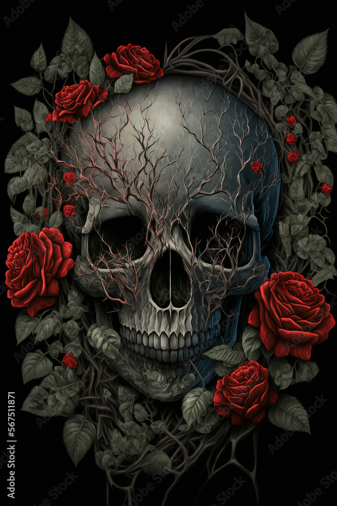 dark creepy valentines skull roses, concept art illustration Stock ...