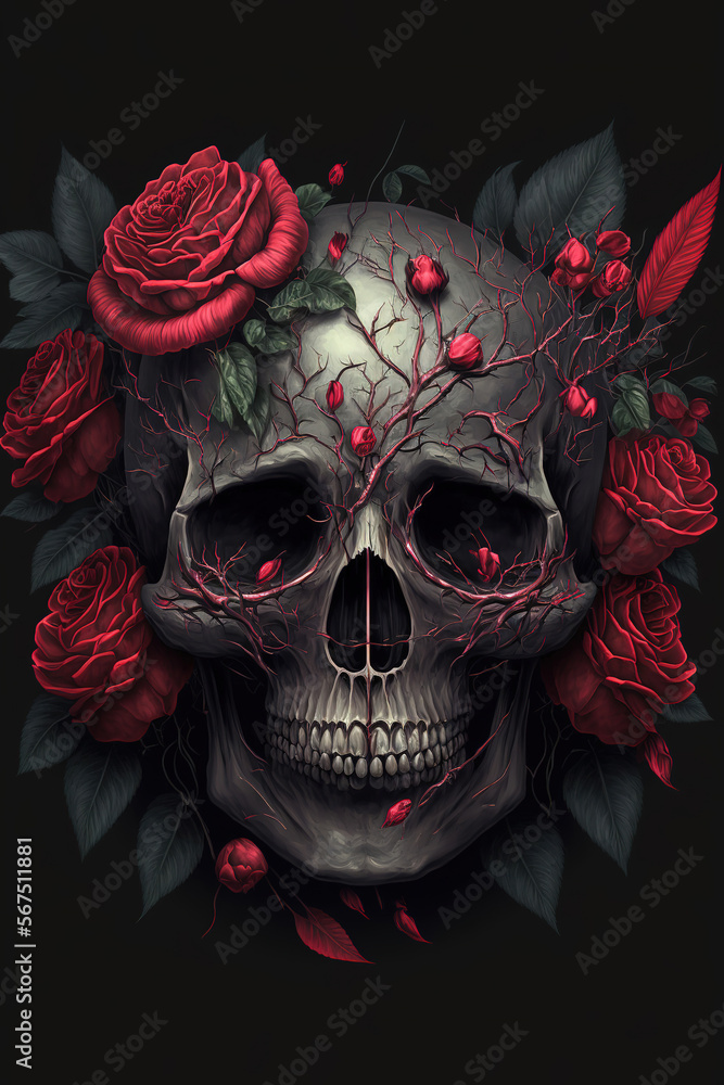 dark creepy valentines skull roses, concept art illustration Stock ...