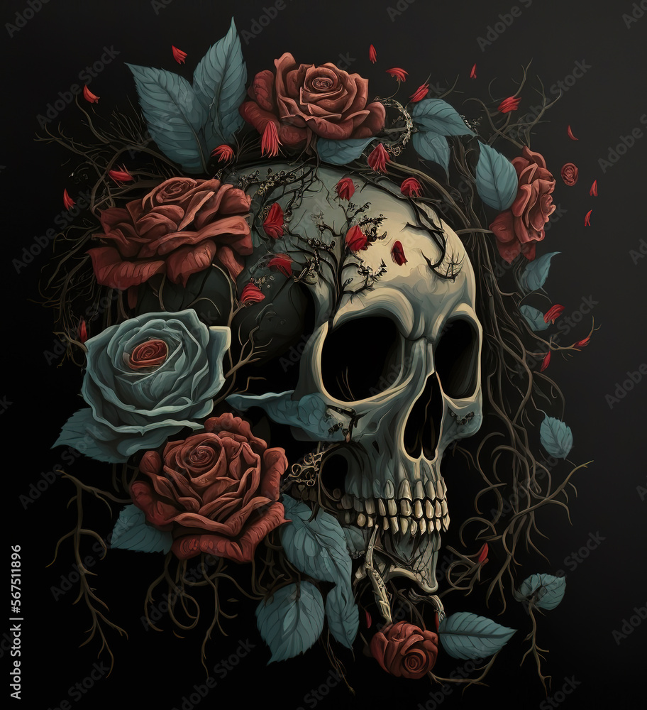 dark creepy valentines skull roses, concept art illustration Stock ...