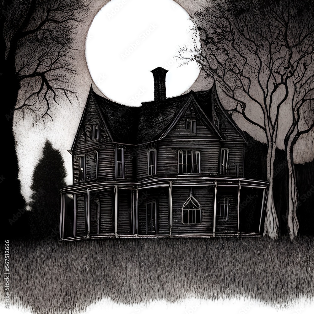 Haunted house with gnarled trees at full moon, AI generated Stock ...