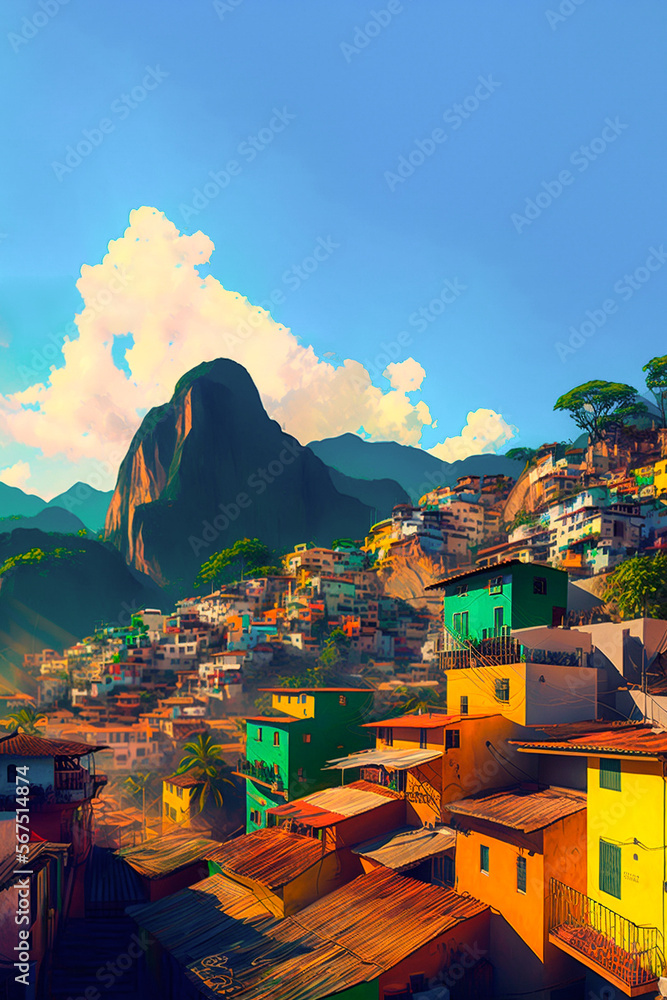 Beautiful Favela community, Brazil, illustration, sunset, rio Janeiro ...