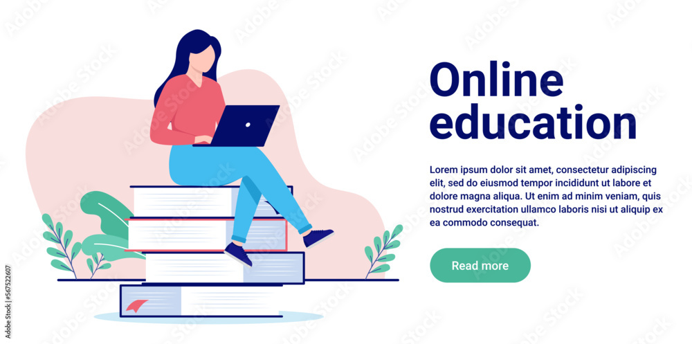 Online education - Woman student studying with laptop computer sitting ...