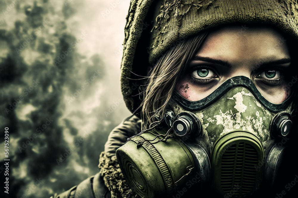 Young woman with gas mask depicting consequences of global warming, air ...