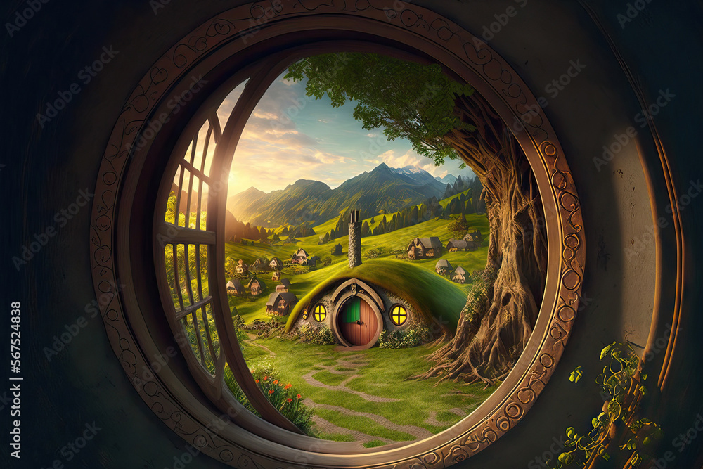 Homes in the hobbit town have rounded windows and doorways. Grass is ...