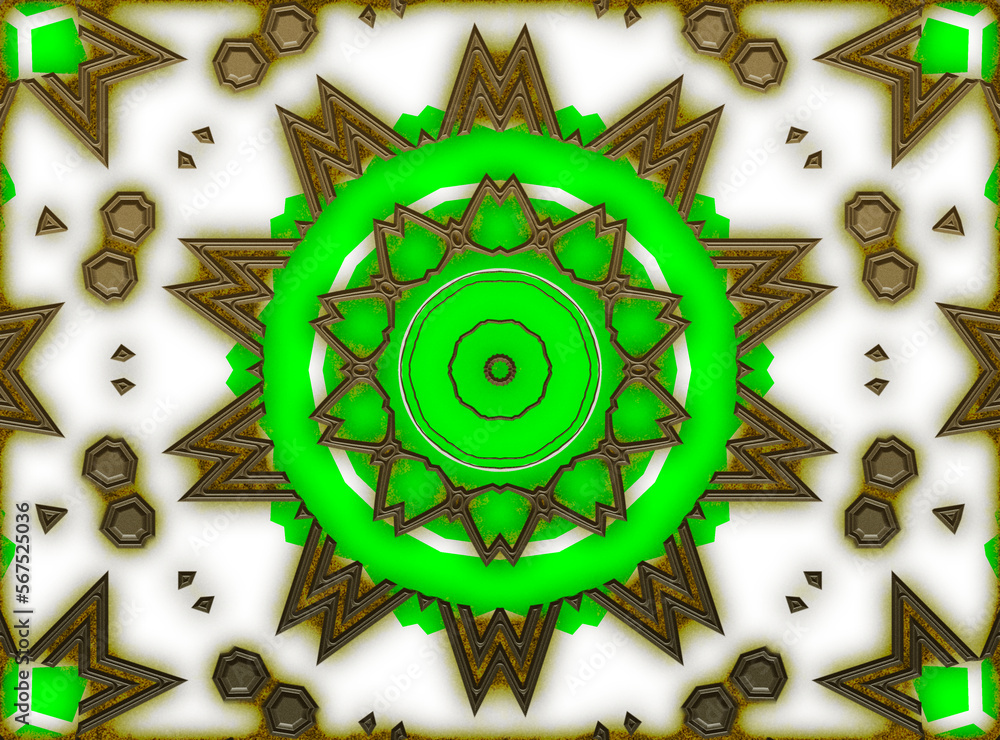 Abstract, Multiple Dark Gold Shapes, and Designs, with a Circular Green ...