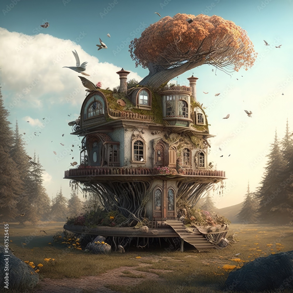 Flying house inspired by Disney movie UP, AI generated Stock ...