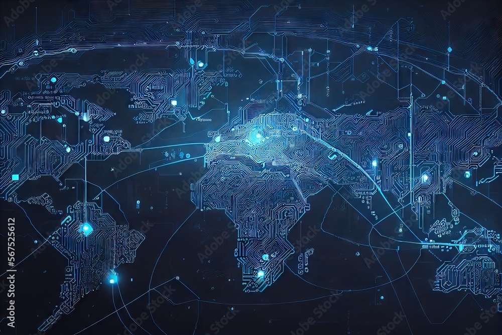Digital overlay of the global map - map of the earth with digital overlay to represent global ...