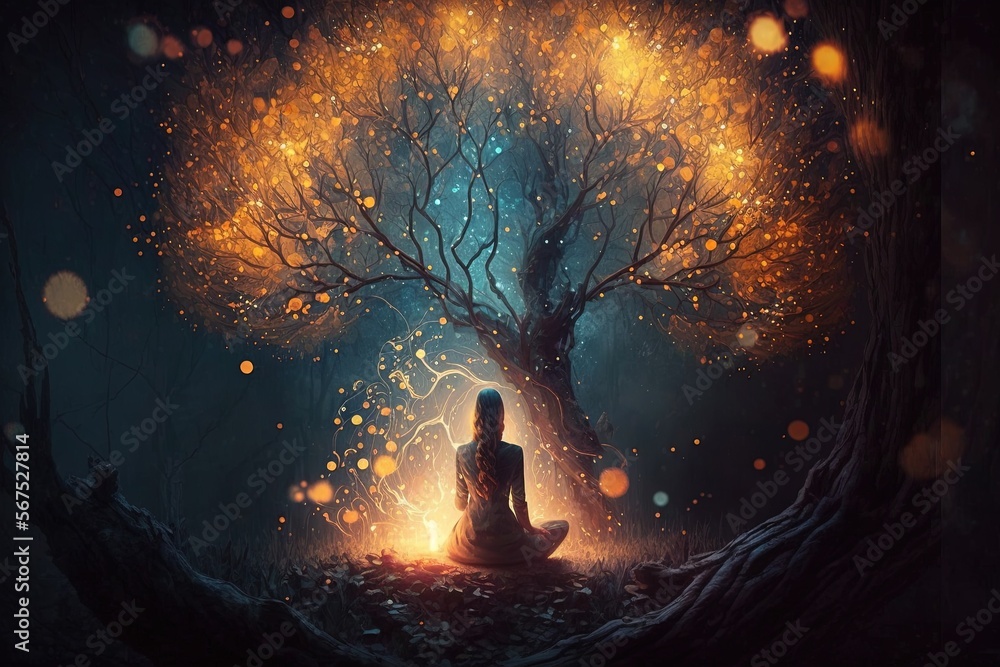 Human sitting in a meditation position under a tree. Light Particles ...